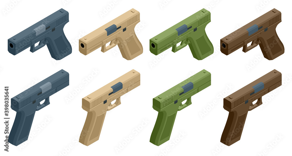 Isometric pistol isolated on white background. Weapon symbol. Gun with ...