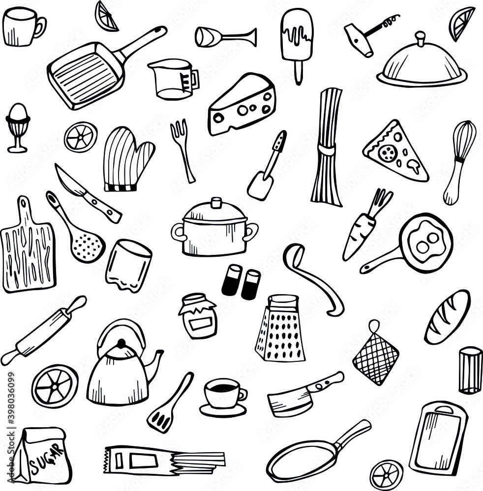 Set hand drawn sketch of kitchen items. Doodle set of symbols of ...