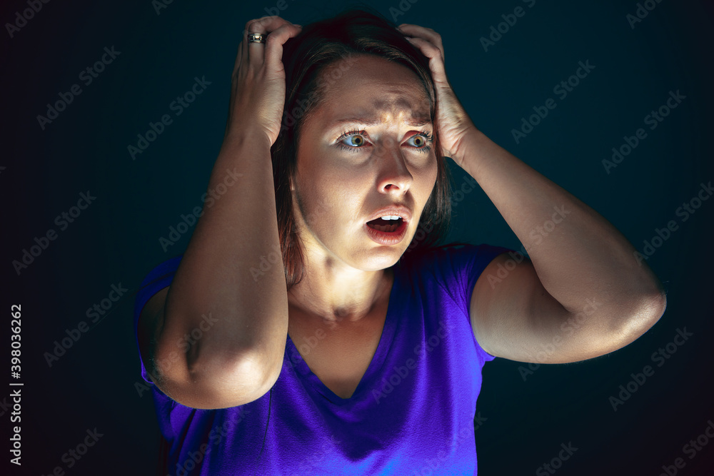 Spooky. Portrait of young crazy scared and shocked caucasian woman ...
