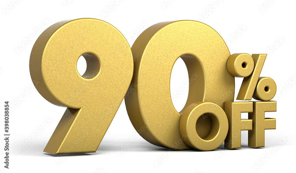 Golden text, 90% off isolated on white background. Off 90 percent ...