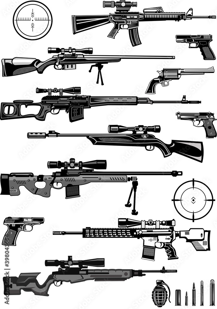 Modern Guns: automatic weapon, machine gun and pistol Stock Vector ...