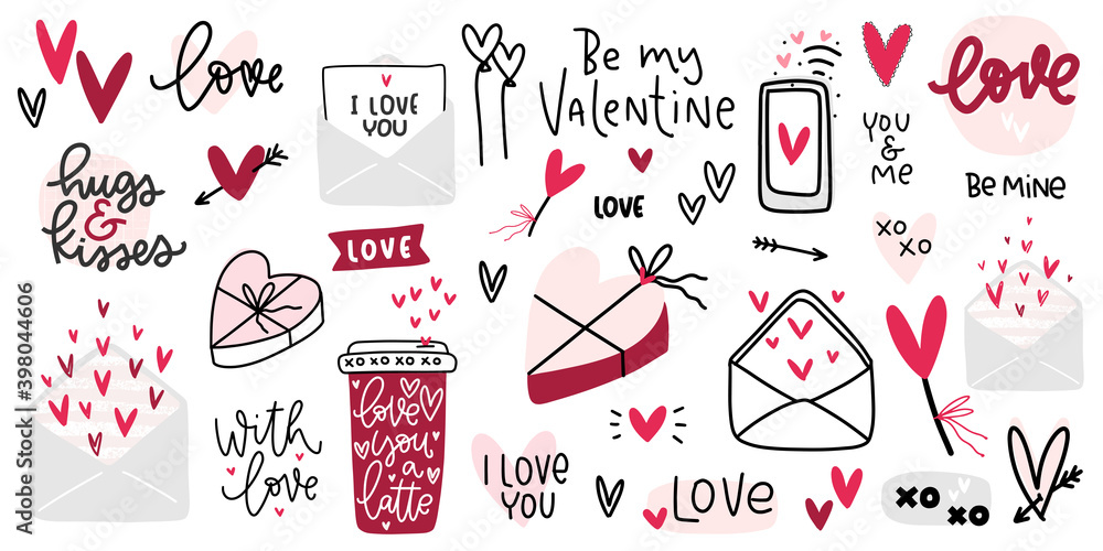 Valentines day quotes and graphic large set with hearts, arrows, love ...