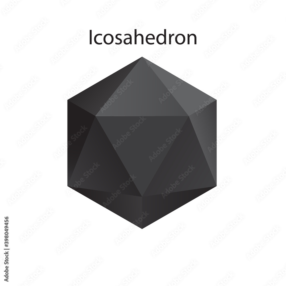 Vector illustration of a black icosahedron on a white background with a gradient for game, icon ...