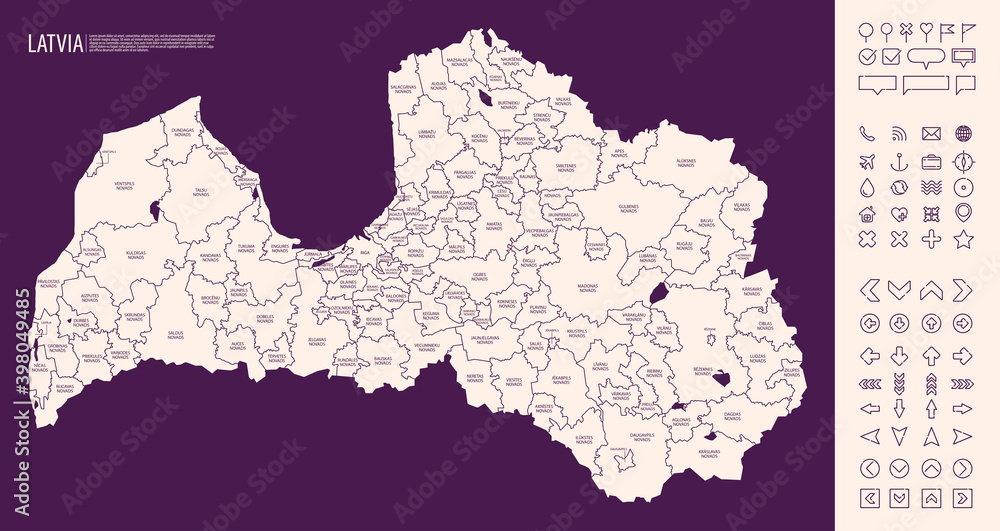 Detailed map of Latvia with administrative divisions on a dark ...