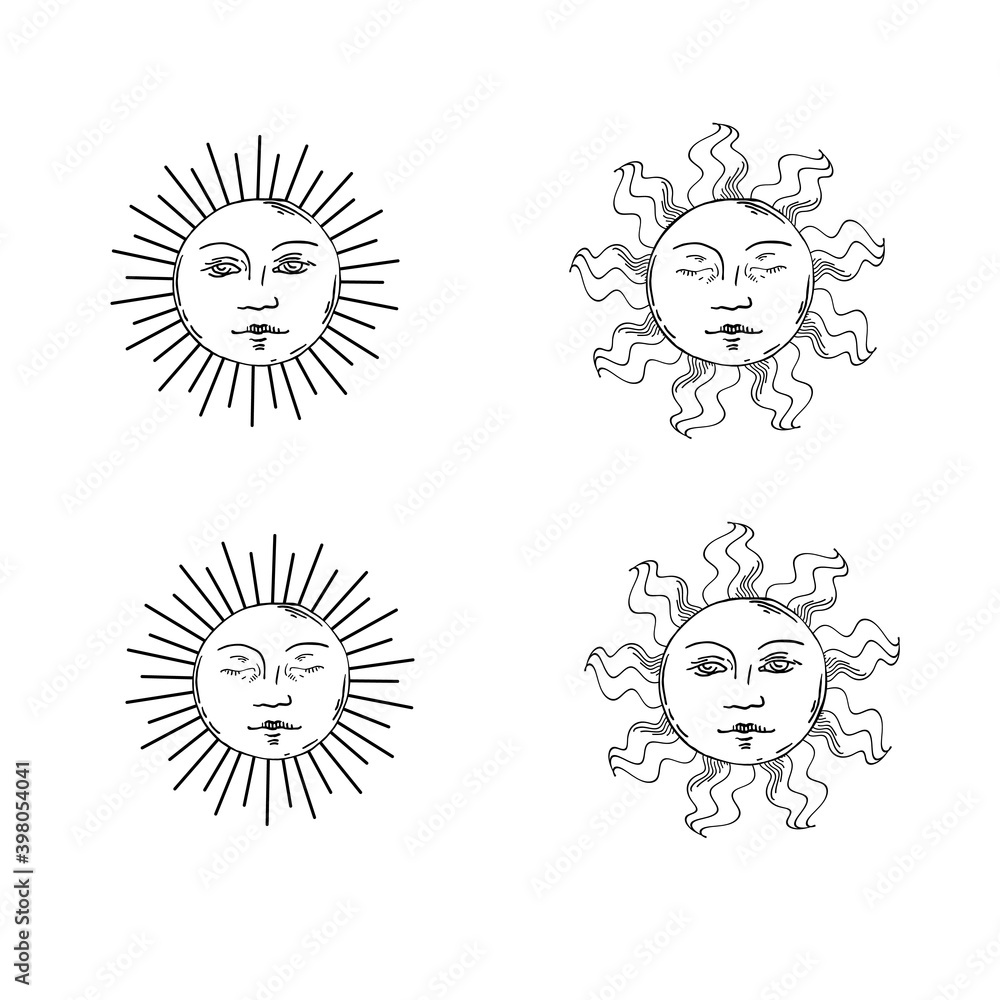 Hand drawn linear vector illustration of suns. Magical outline clipart ...