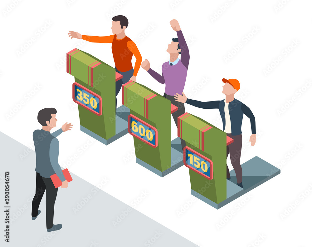 Tv quiz participant. People pushing buttons and answer questions in ...