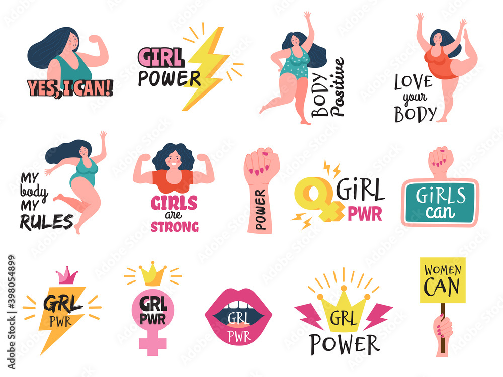 Girls badges. Feminist tags women powerful trendy sticker 80s style ...