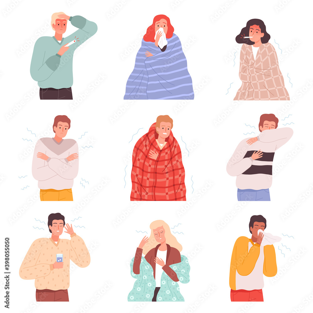 Illness people. Flu sick characters diseases patient treatment person ...