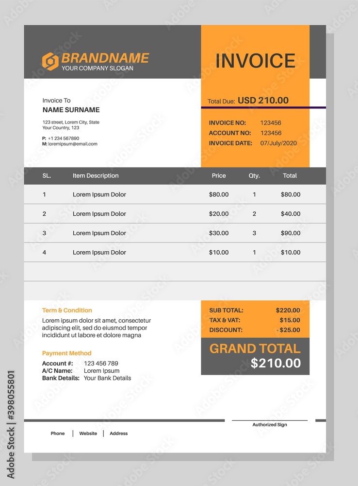 Invoice form. Work sales order template, paper sheet with table ...