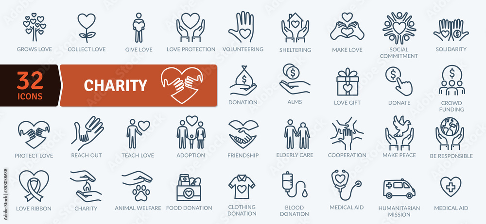 Charity Icons Pack. Thin line icons set. Flat icon collection set ...
