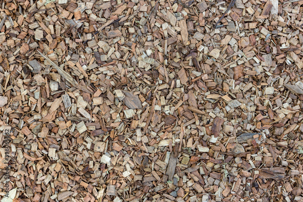 Texture of wooden sawdust of large fraction. A bunch of wood chip ...