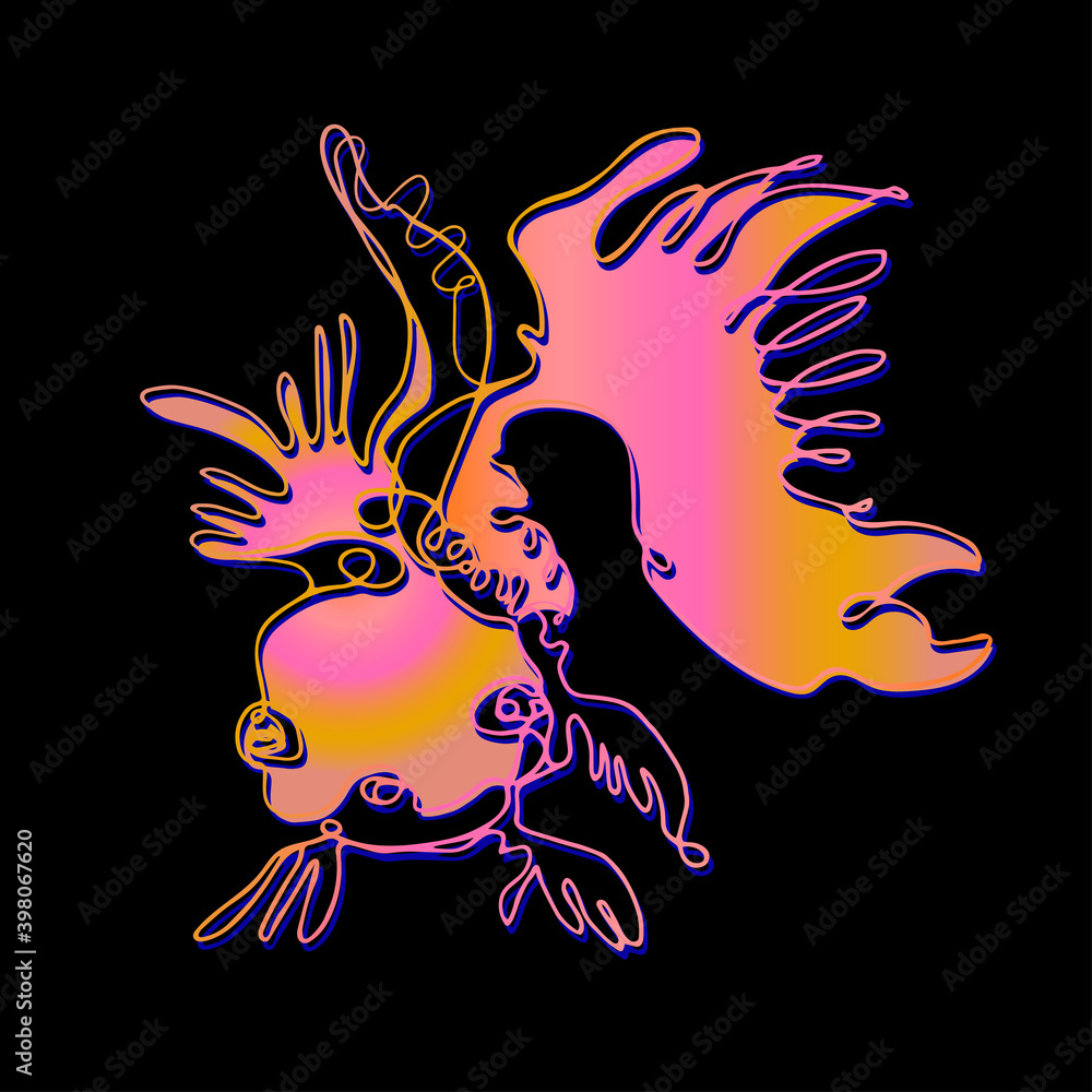 Cute colored goldfish in doodle style drawn by hand isolated on black ...
