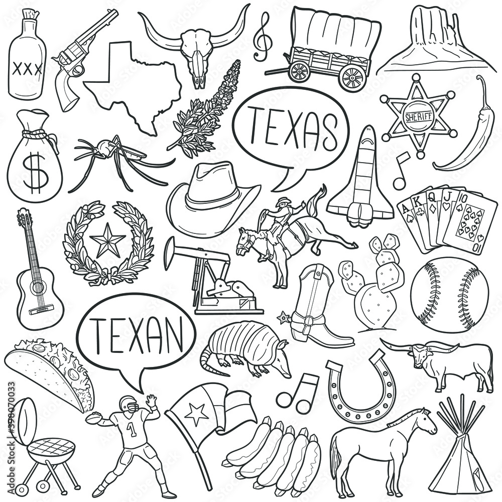 Texas doodle icon set. Texan Vector illustration collection. United ...