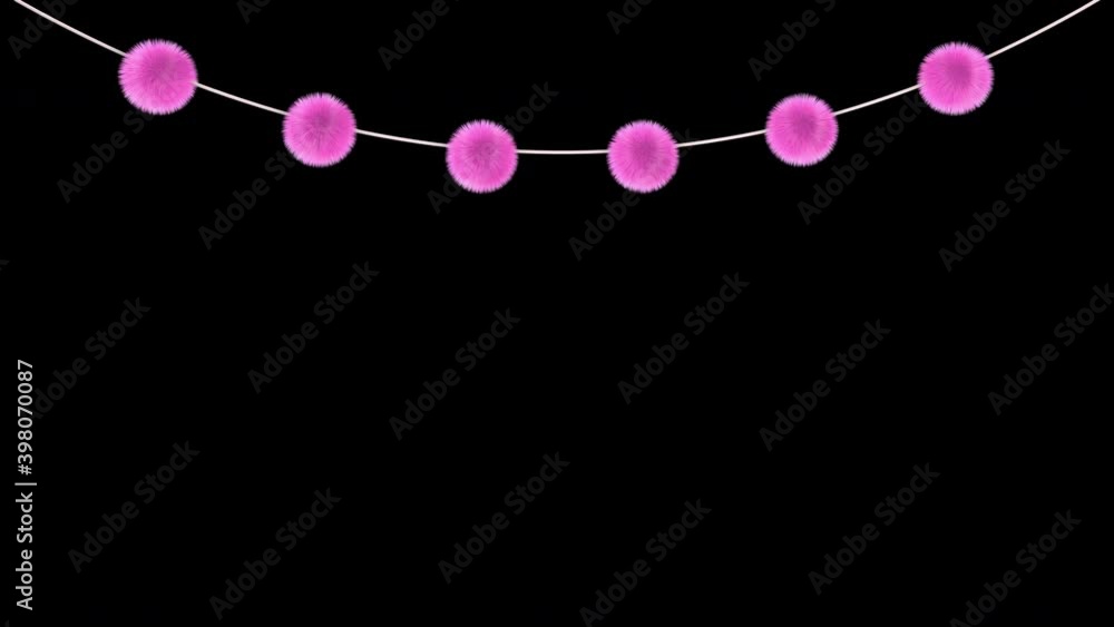 Pink pom poms party garland, hanging down, fluffy pom poms, 3D ...