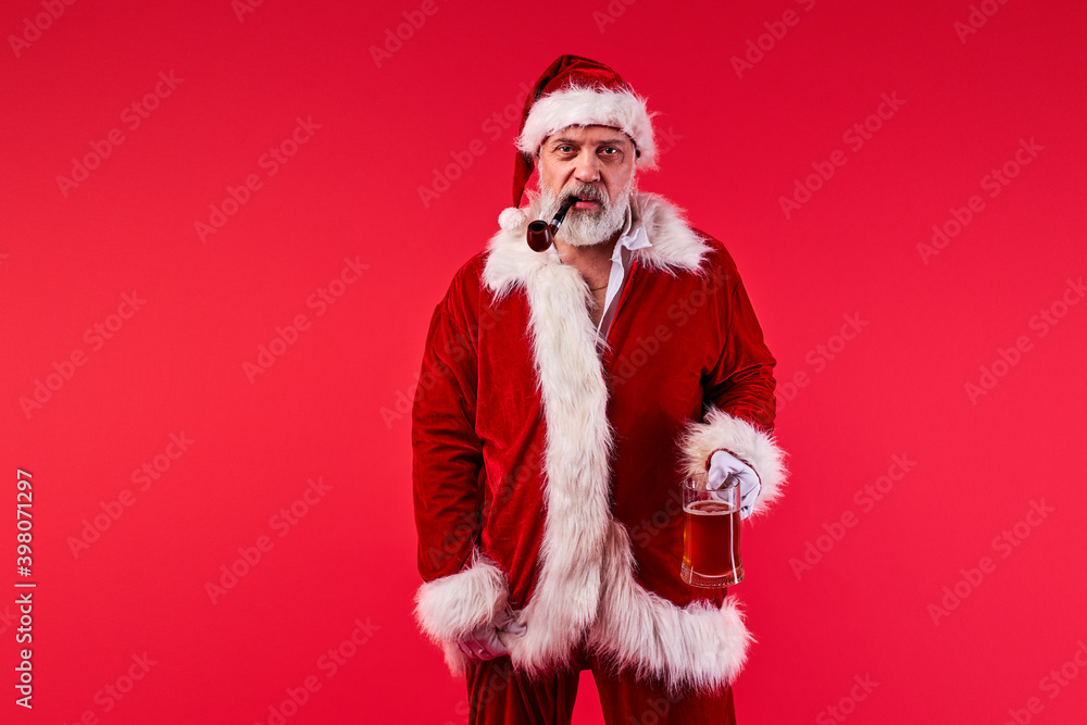 santa claus with smoking pipe in mouth look at camera, after hard party ...