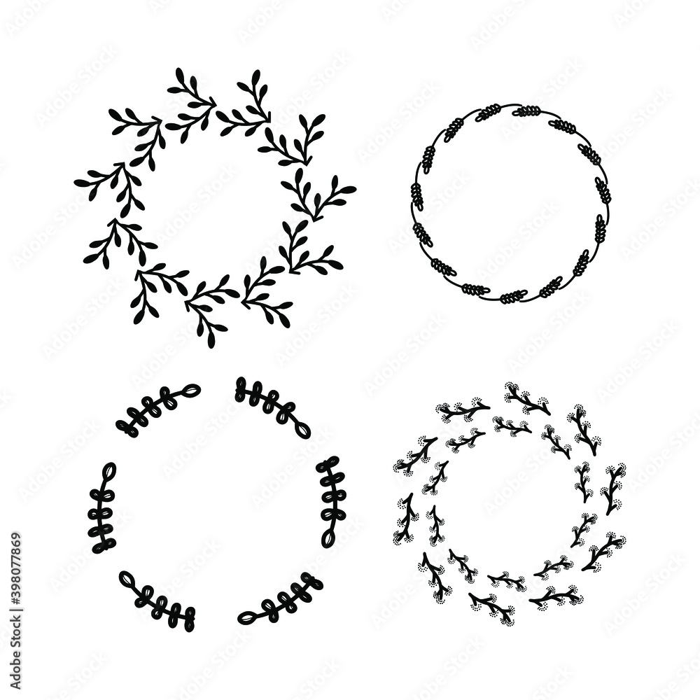 Border black floral hand-drawn round branch frame, element in doodle ...