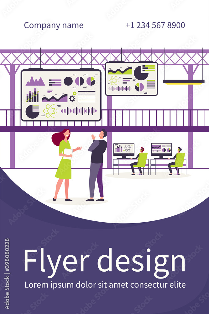 Business people working in control center with big screens flat vector ...