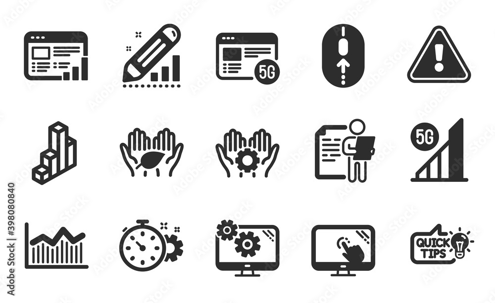 Cogwheel timer, Settings and 5g internet icons simple set. Fair trade ...