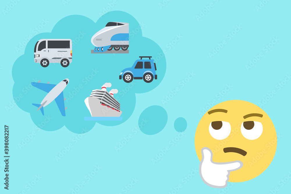 thinking face emoji with thought bubble and car,airplane,bus,ship and ...