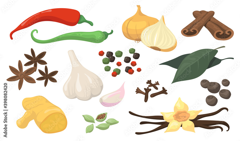 Colorful spicy spices and vegetables flat item set. Cartoon fresh ...