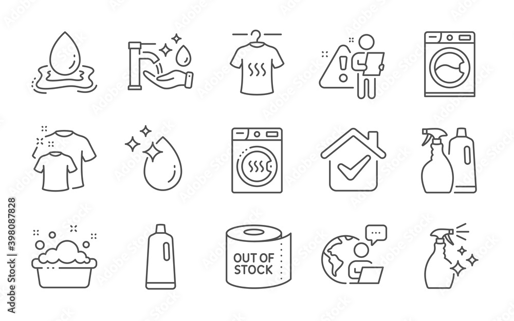 Shampoo, Clean t-shirt and Water drop line icons set. Hand washing, Dry ...