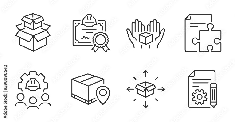 Documentation, Parcel delivery and Packing boxes line icons set ...
