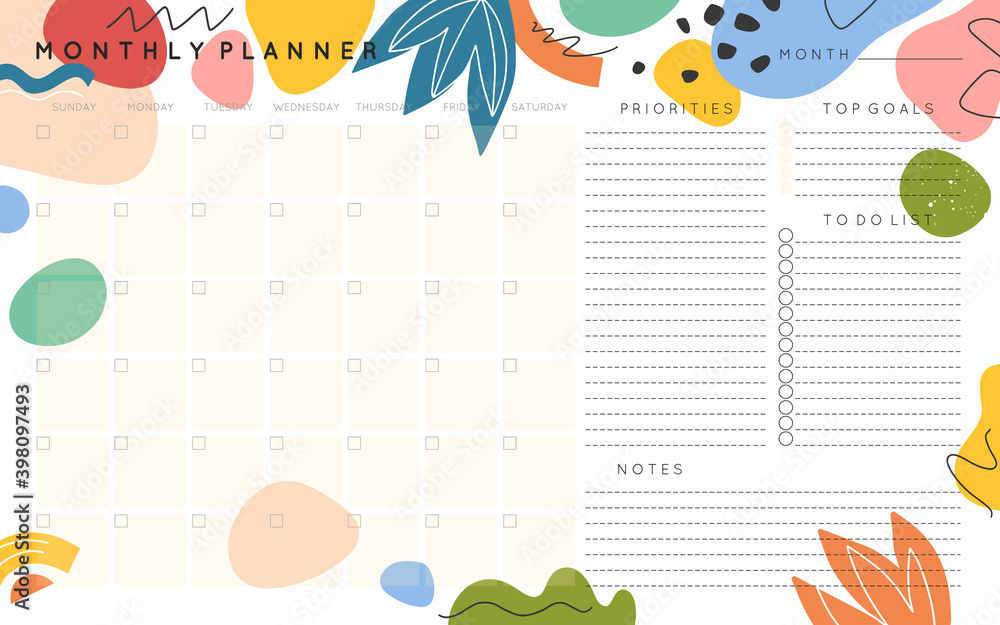 Vector monthly planner template with abstract hand drawn organic shapes ...