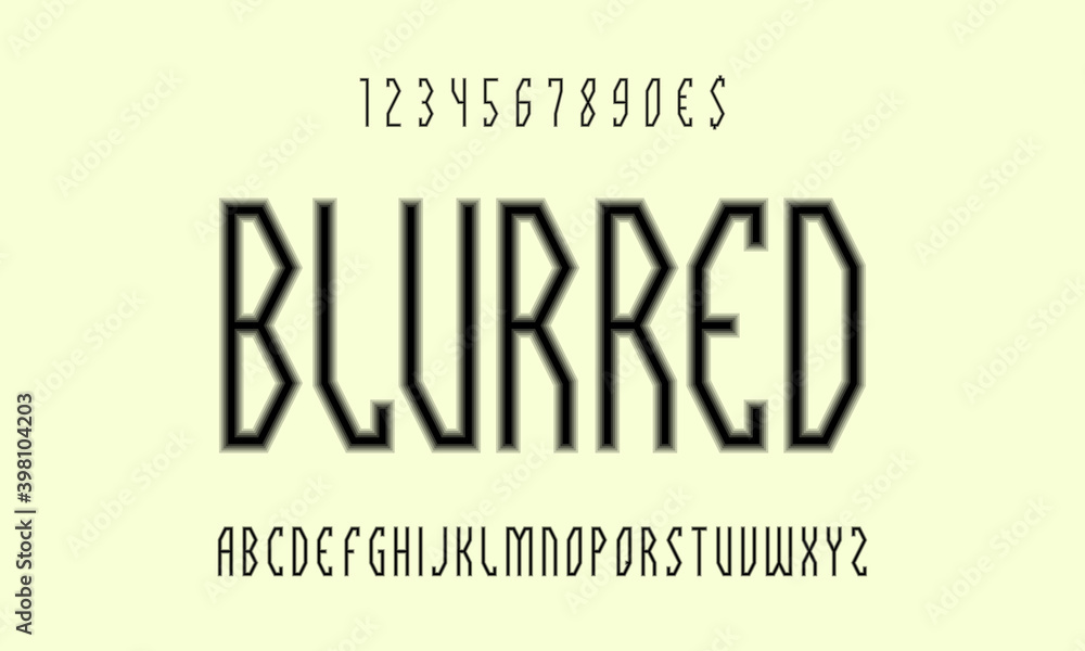 Blurred display font. Black angular letters, numbers and currency signs ...