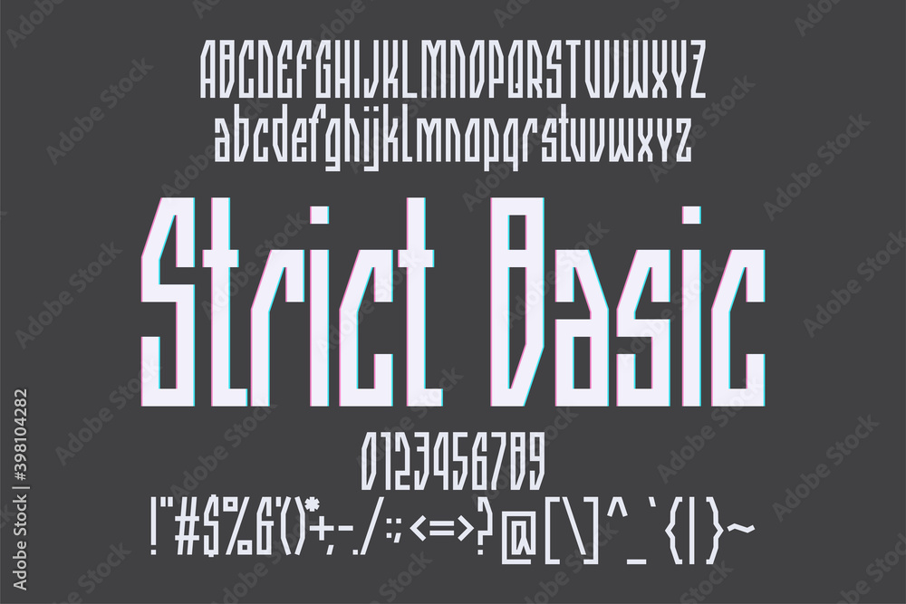 Strict Basic Latin display font. Straight typeface with uppercase and ...