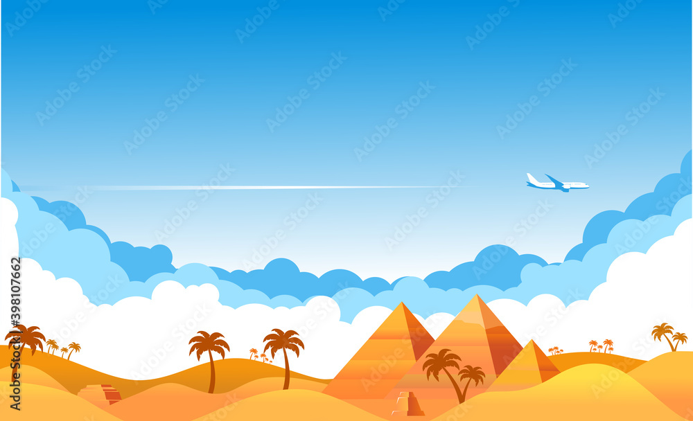 Blue sky with clouds and an airplane flying over yellow sandy desert ...