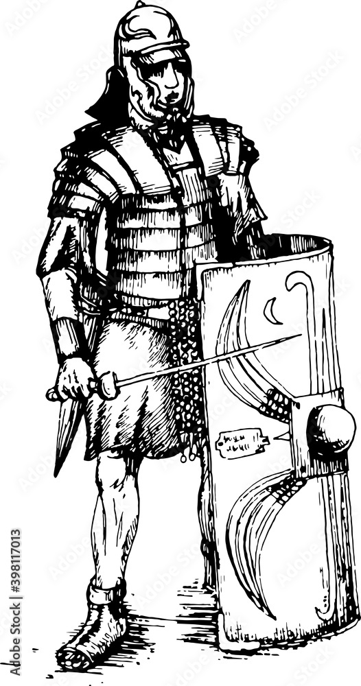 roman fully armed warrior vector sketchy monochromic image. Solder in a ...
