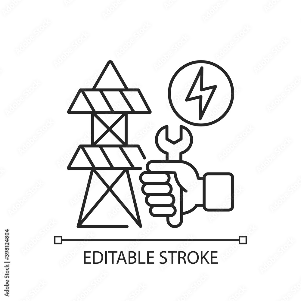 Repairing power lines linear icon. Fixing electricity connection ...