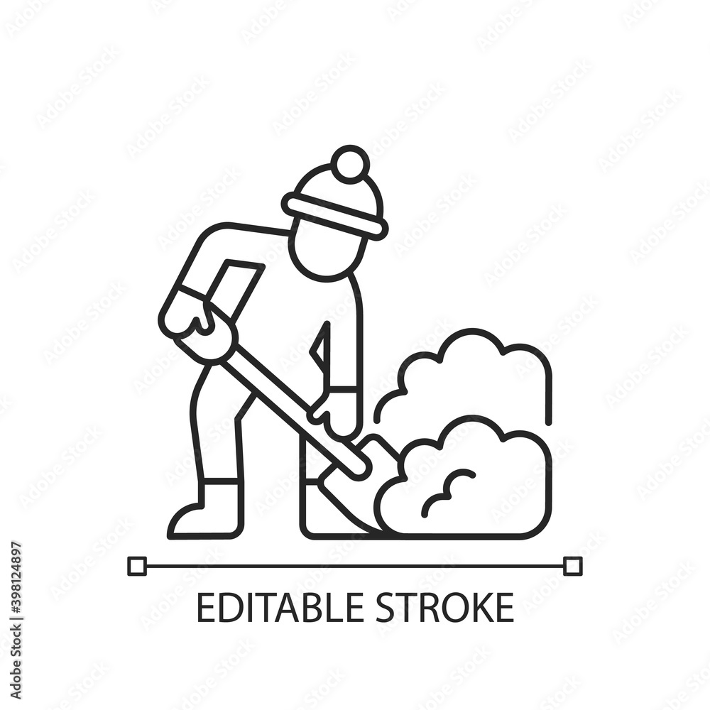 Hand shoveling linear icon. Removing huge amounts of snow with shovel ...