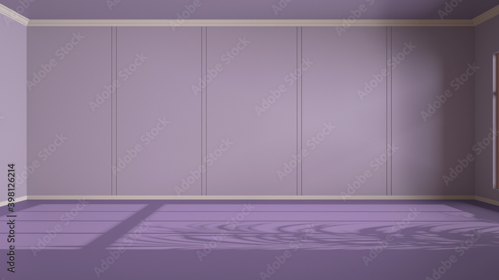 Empty room interior design in purple tones, open space, walls with trim ...