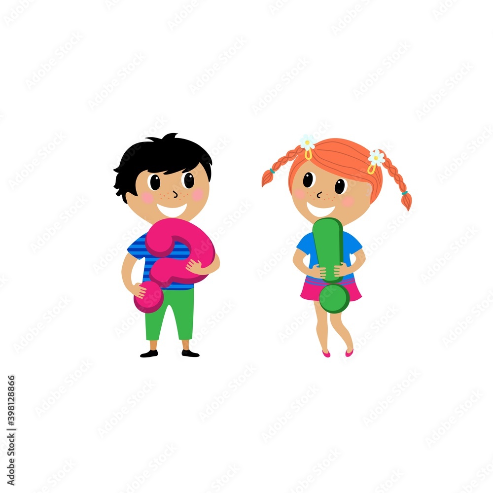 Illustration little boy and girl holding exclamation mark and question ...