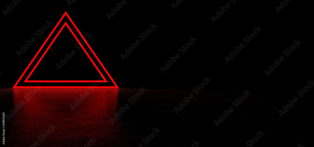 Glowing pyramid of red color in dark space. Red glowing stripes form a ...