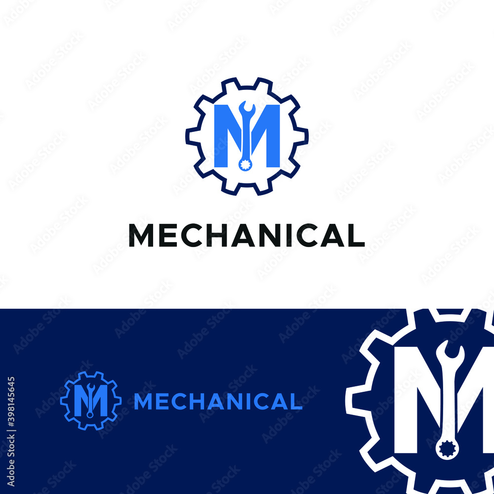 Initial logo with Letter M Wrench and Gear Icon vector for mechanic, setting, repair, and ...