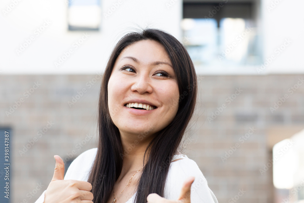 young woman asia female with long hair making hand signs Stock Photo ...