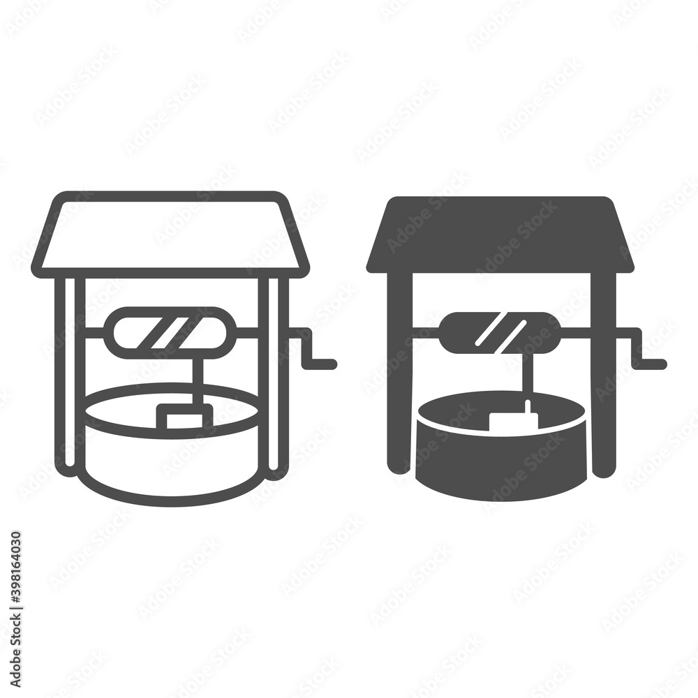 Water well line and solid icon, farm garden concept, draw-well sign on ...