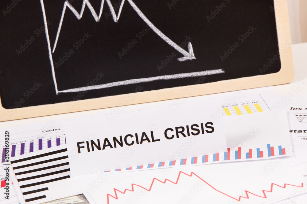 Inscription financial crisis, currencies dollar and declining chart as ...