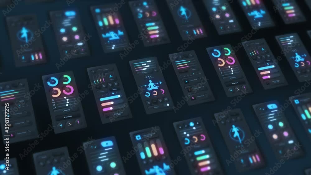 Hi tech panel of yoga application on dark background. Fitness and ...