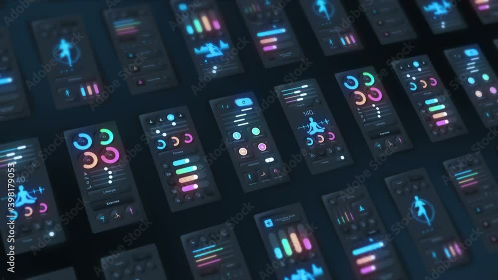 Hi tech panel of yoga application on dark background. Fitness and ...