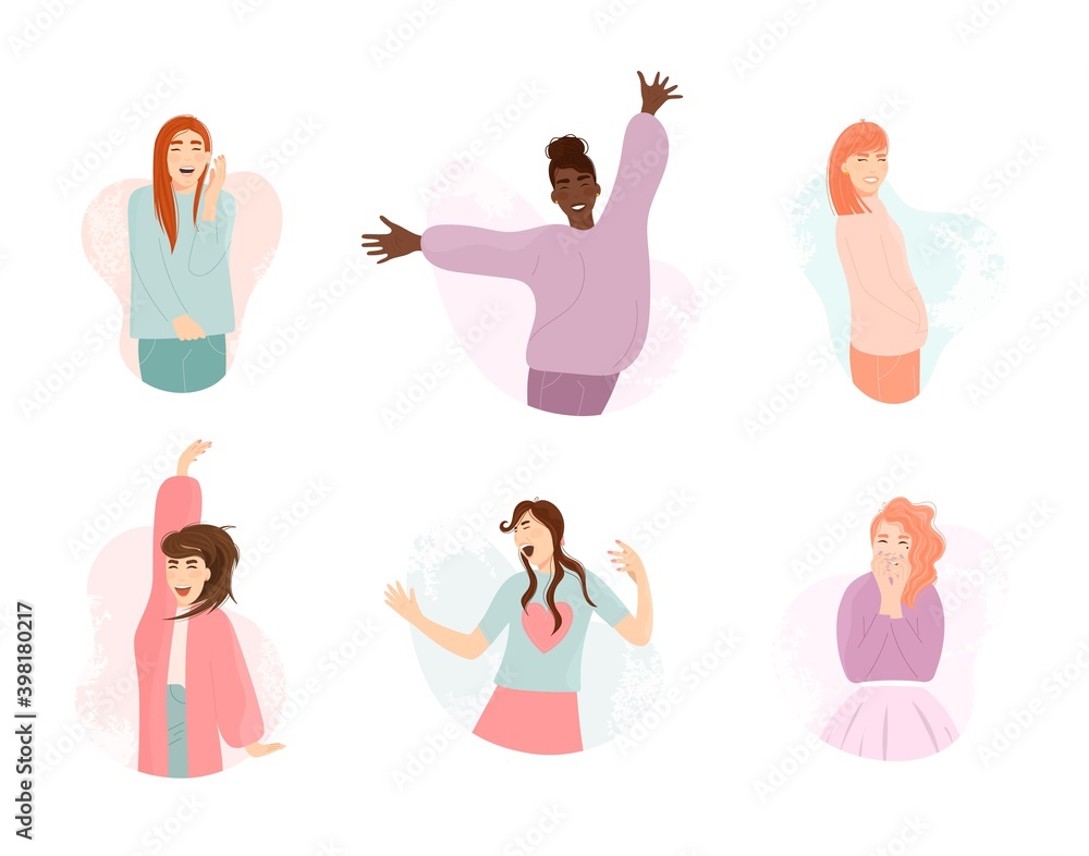 Happy smile expression multiethnic girl jumping and dancing. Young ...