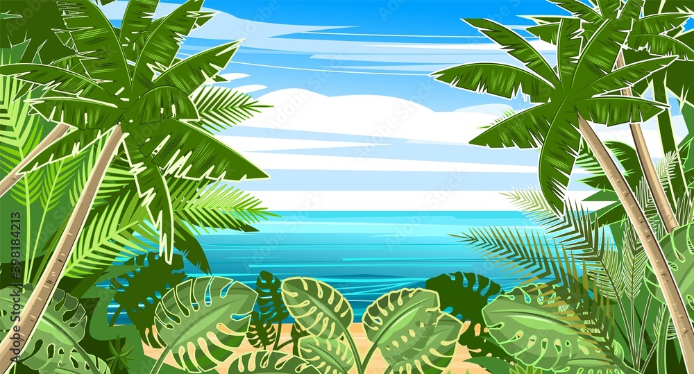 Tropical landscape with sea and jungle. Plants, shrubs and palms. Sky ...