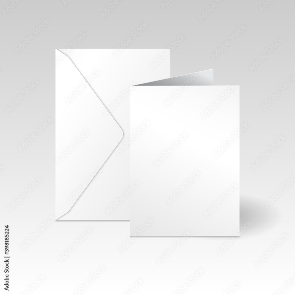 White vertical greeting card and envelope mockup template. Isolated on ...