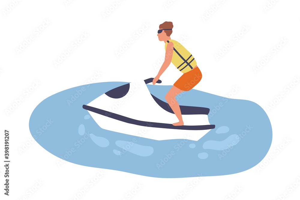Young man on aquabike. Male character riding jetski. Scene of summer ...