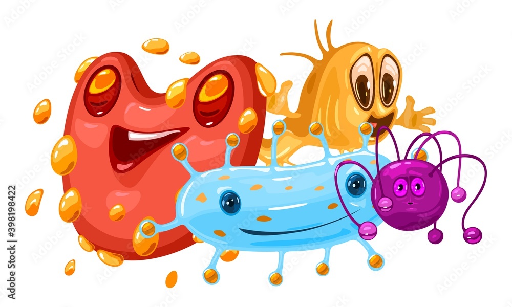 Microbes, germs and viruses with funny faces. Vector pathogen microbes ...