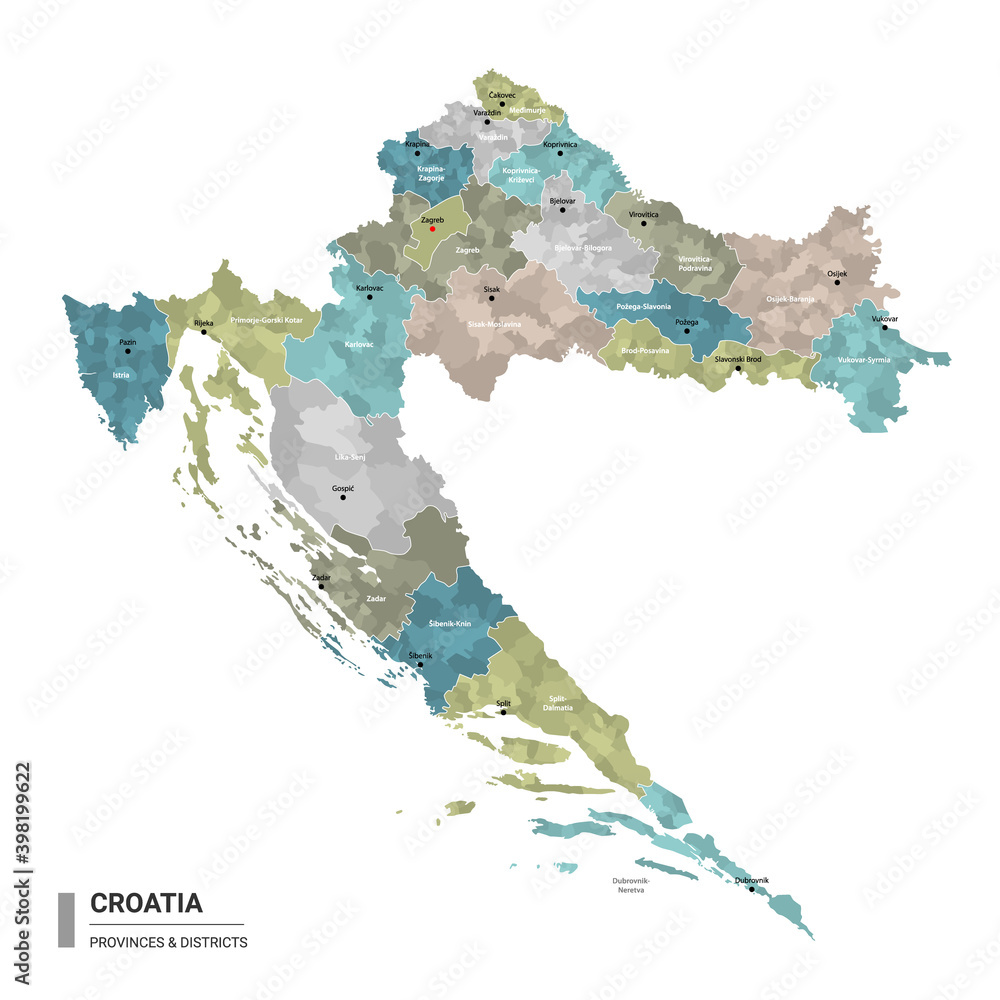 Croatia higt detailed map with subdivisions. Administrative map of ...