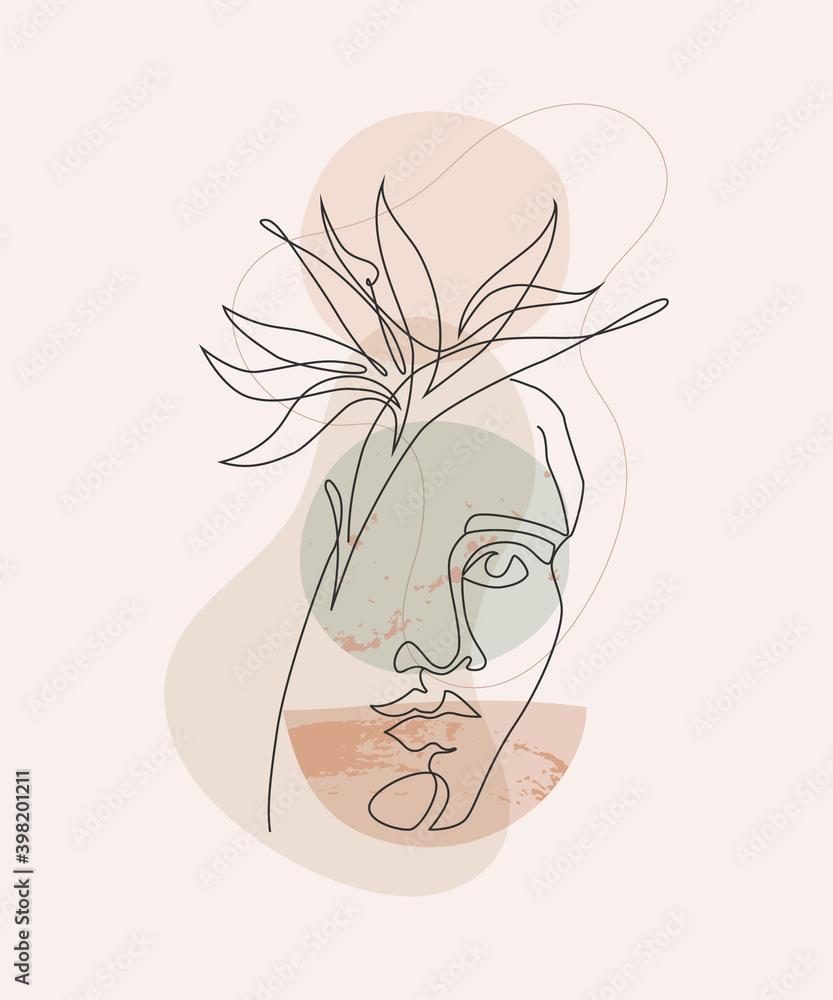 Modern Continuous Line Art Of Woman Face With Geometric Shapes