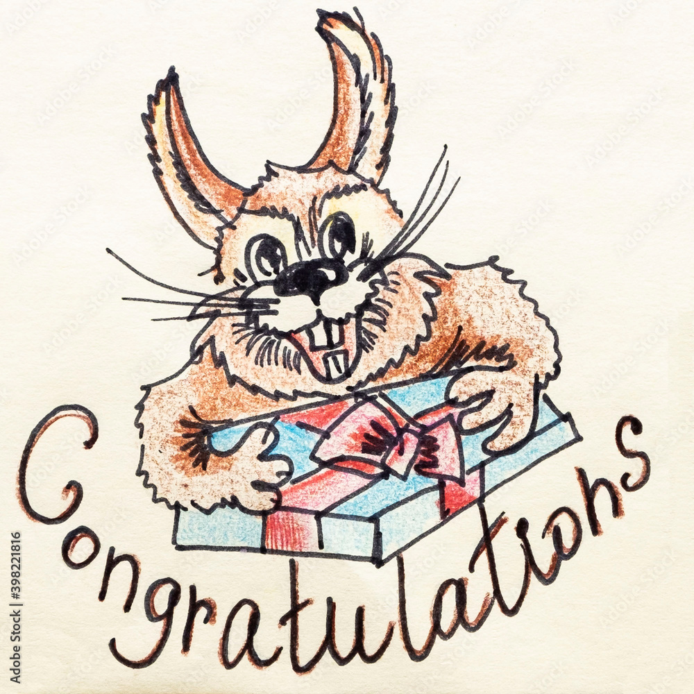 Hare with a gift box, the inscription "Congratulations". Drawing with ...